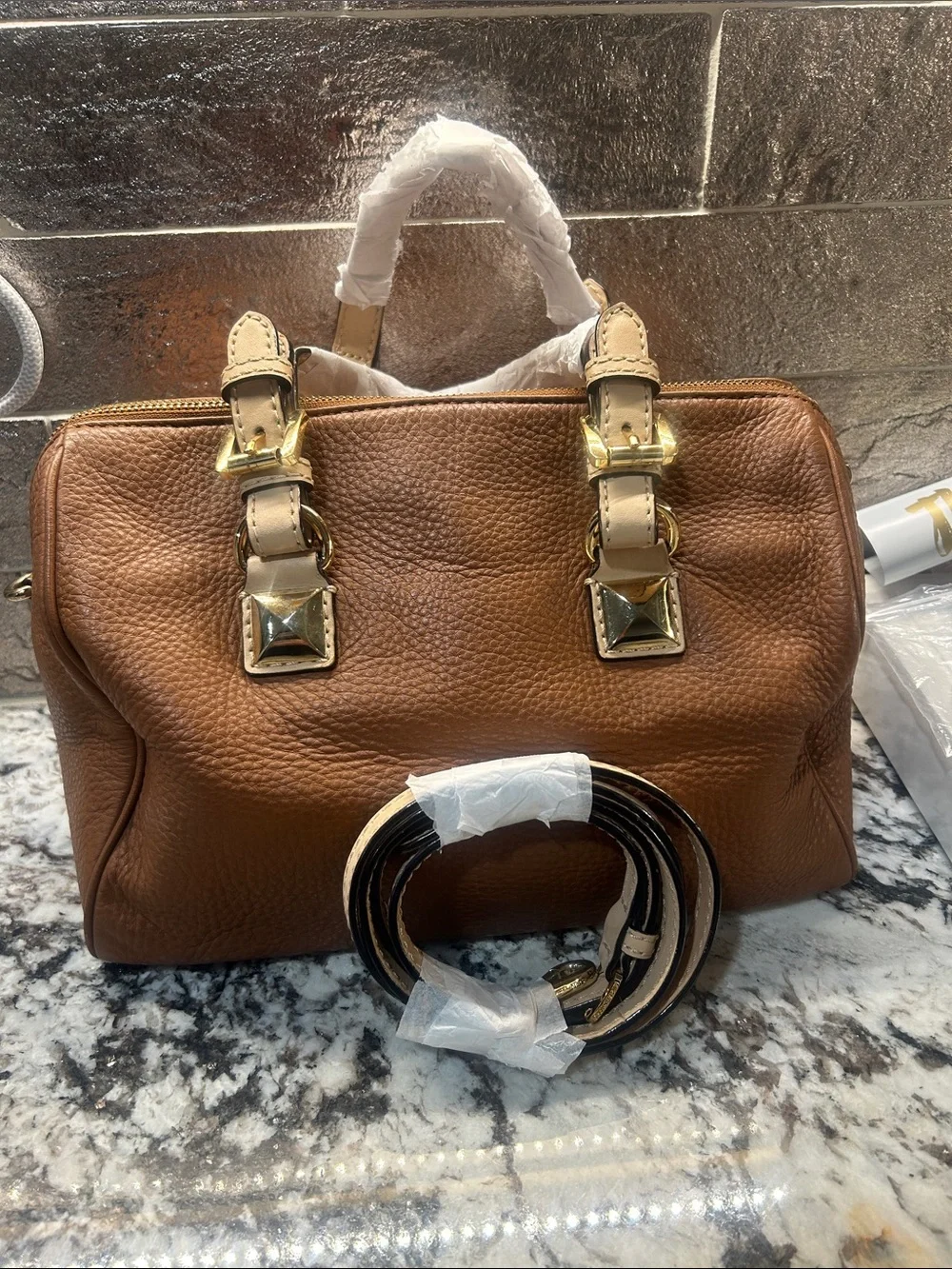 Michael Kors | Bags | Michael Kors Brown Pebbled Leather Satchel With ...
